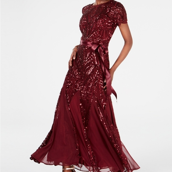 R & M Richards | Dresses | Sequin Embellished Pleated Gown Red Burgundy ...